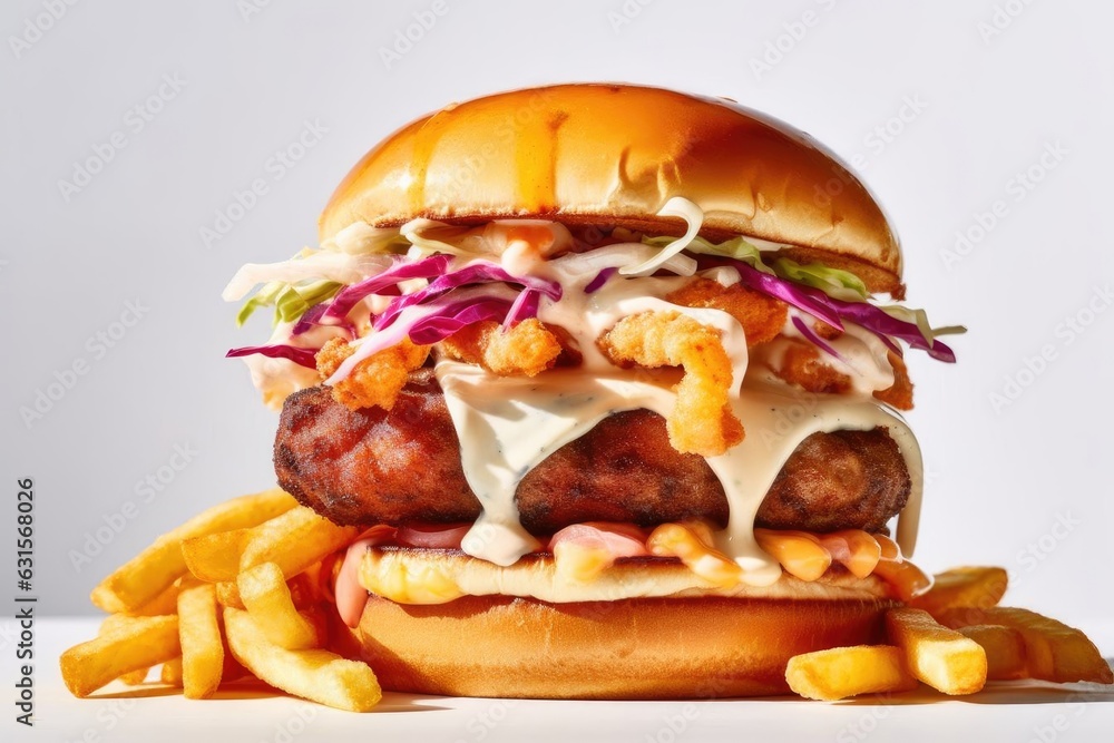 Beef burger with beef patty, coleslaw, mozzarella sticks, cheesy sticks ...