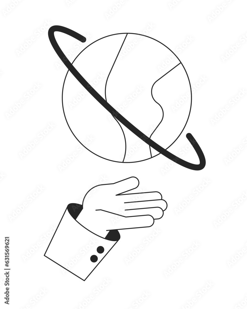 Planet over hand flat monochrome isolated vector object. Planetary ring ...