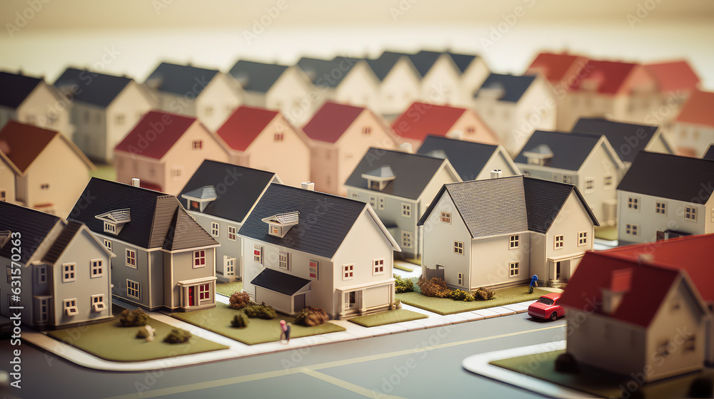 Toy Town. Miniature models of realistic houses, blurred background ...