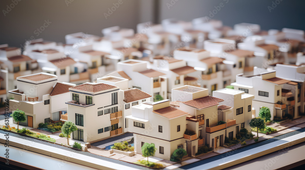 Toy Town. Miniature models of realistic houses, blurred background ...