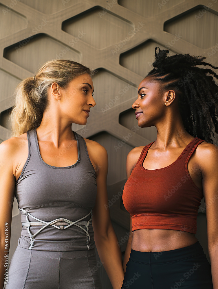 Two beautiful, strong women in fashionable sportswear stand confidently ...
