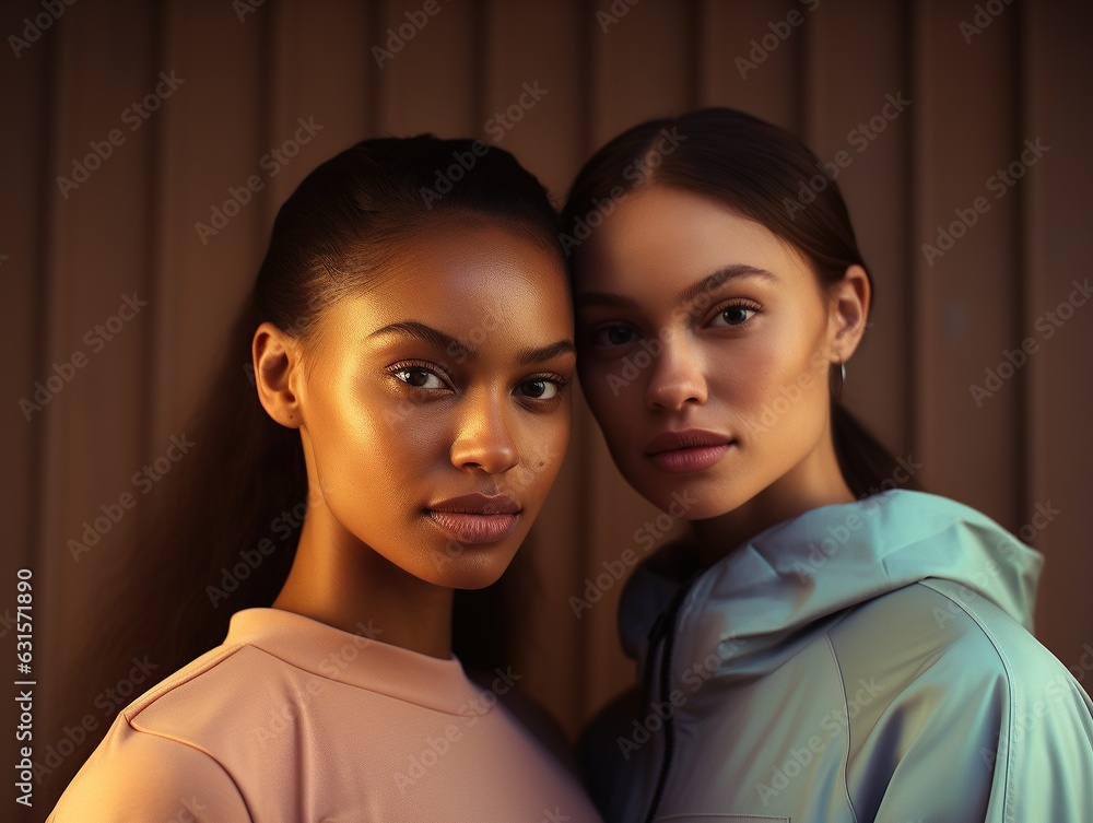 Two beautiful, strong women proudly pose in stylish sportswear for a ...