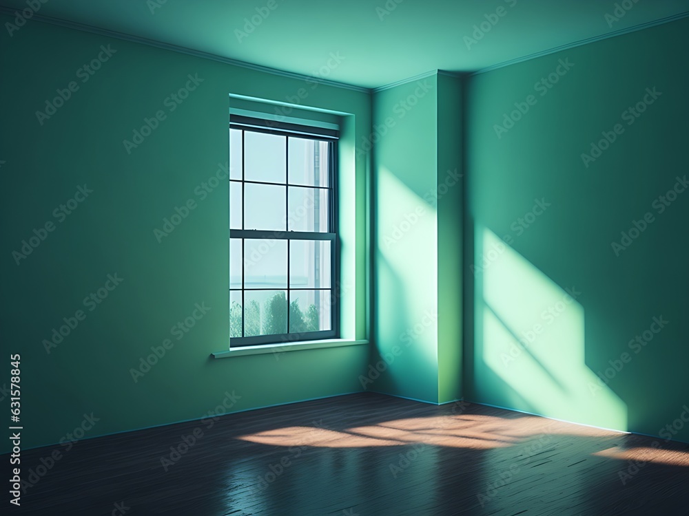 empty room with pastel green walls and gobo light effect through window ...