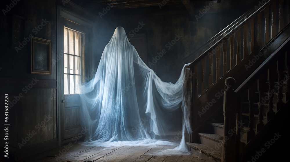 Ghost in a haunted house. Halloween wallpaper or background. Stock ...