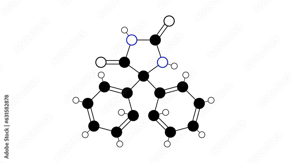 phenytoin molecule, structural chemical formula, ball-and-stick model ...