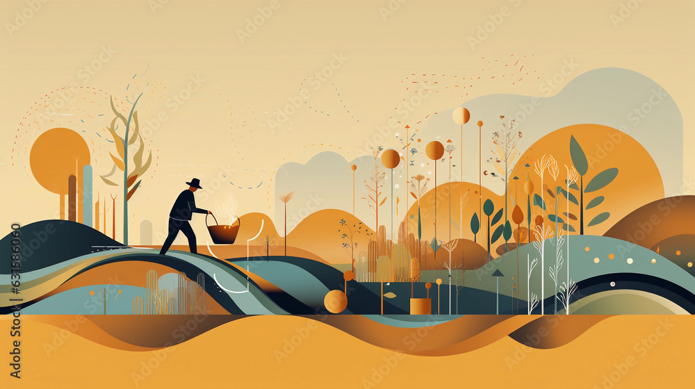 Organic farming process depicted through modern, minimalist line art ...