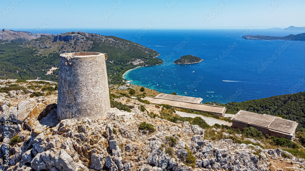 Aerial view of the Albercutx watchtower, an ancient fortified building ...