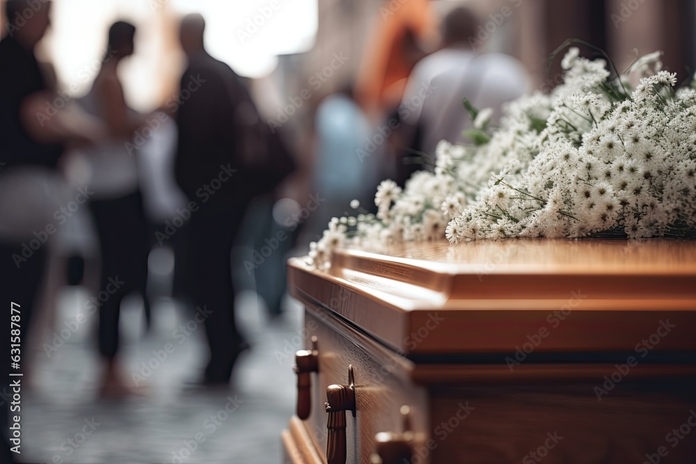 Solemn funeral scene. The wooden coffin is decorated with white flowers ...