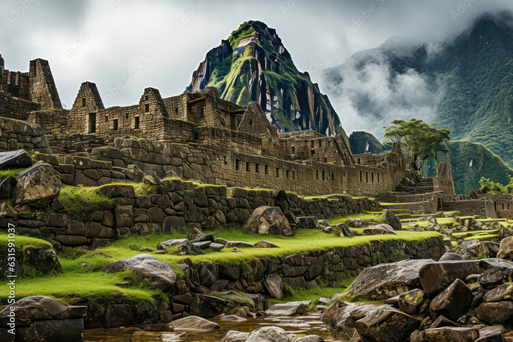A majestic shot of the ancient ruins of Machu Picchu in Peru, shrouded ...