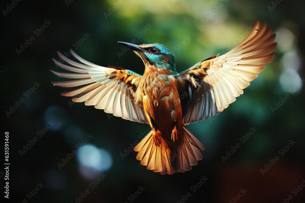 A colorful bird in mid-flight, its wings spread wide as it gracefully ...