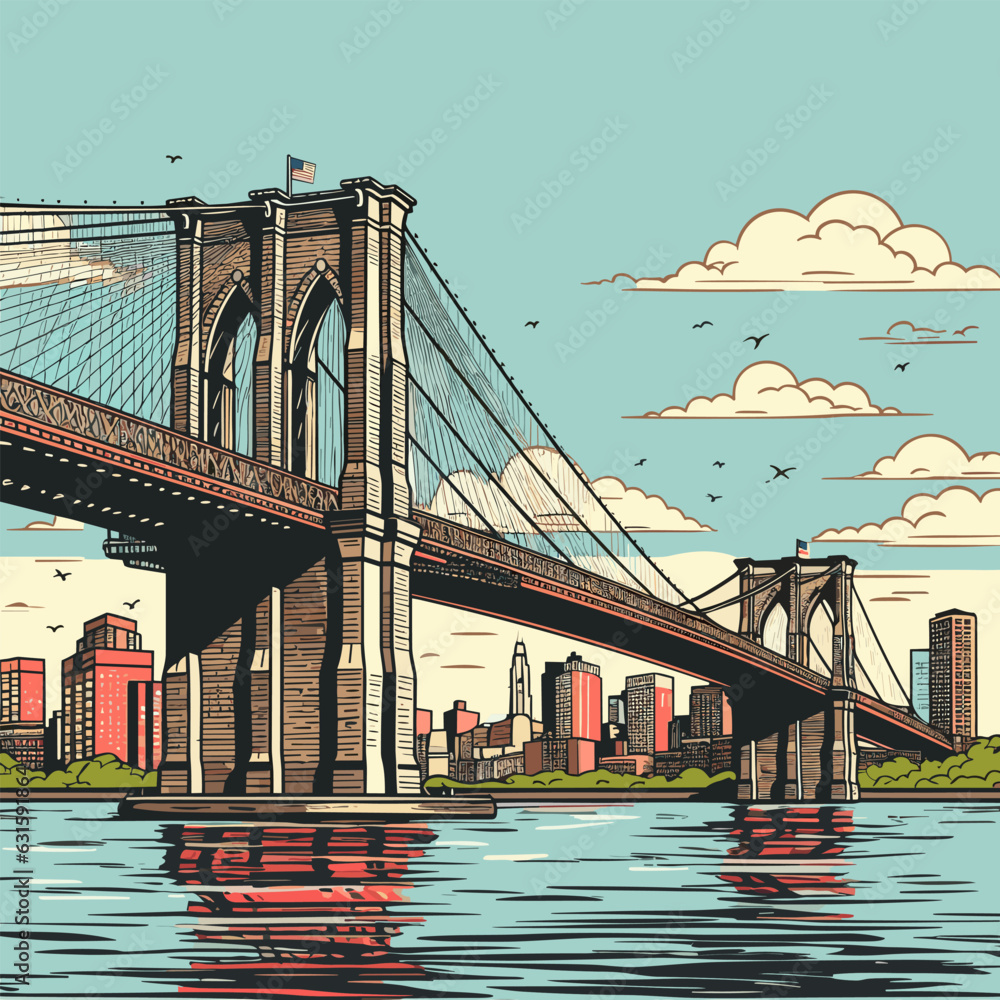Brooklyn Bridge. Brooklyn Bridge hand-drawn comic illustration. Vector ...