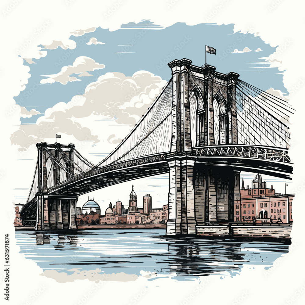 Brooklyn Bridge. Brooklyn Bridge hand-drawn comic illustration. Vector ...