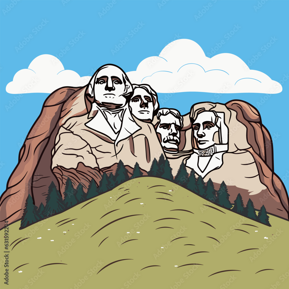 Mount Rushmore. Mount Rushmore hand-drawn comic illustration. Vector ...