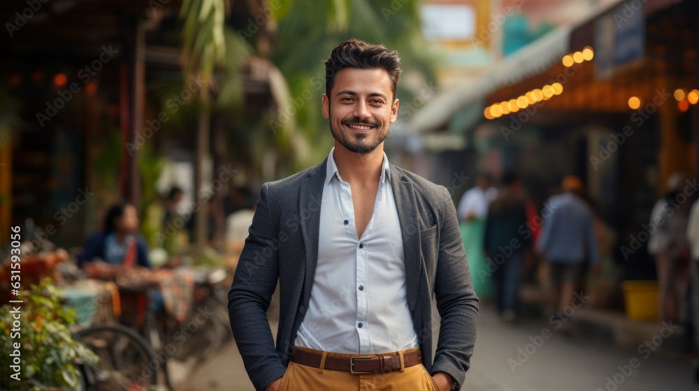 Young smiling professional Indian man standing outdoor on street arms ...