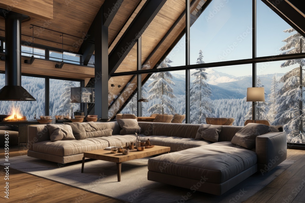 Cozy living room with a panoramic window overlooking the winter ...