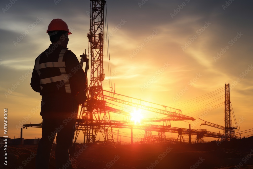 Silhouette engineer standing to receive instructions for construction ...