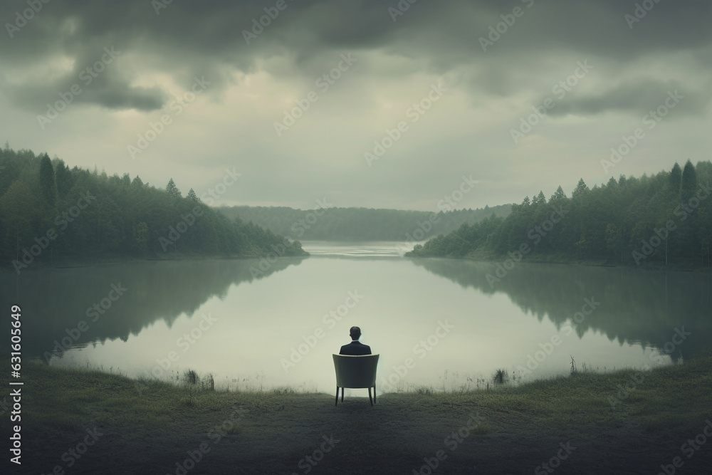 Surreal states of mind and meditation concept. Man silhouette sitting ...