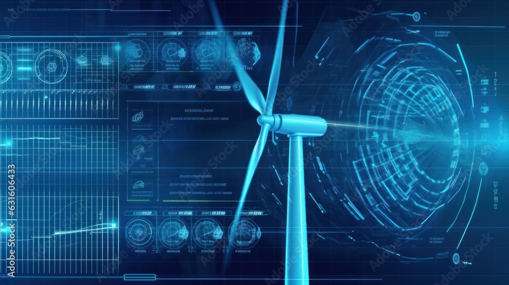 Graphic image of wind generator and diagram of energy production and ...