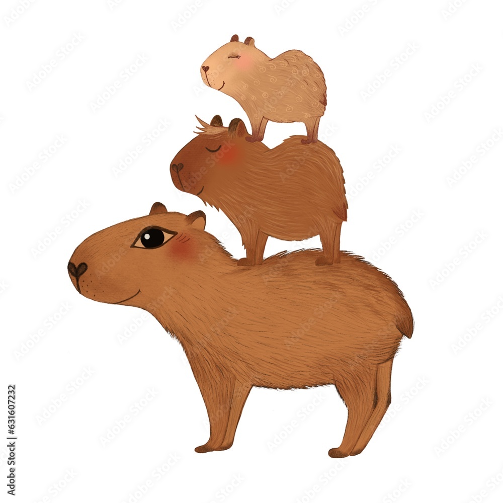 Illustration family of capybara: mama and kids on the back’s mama ...
