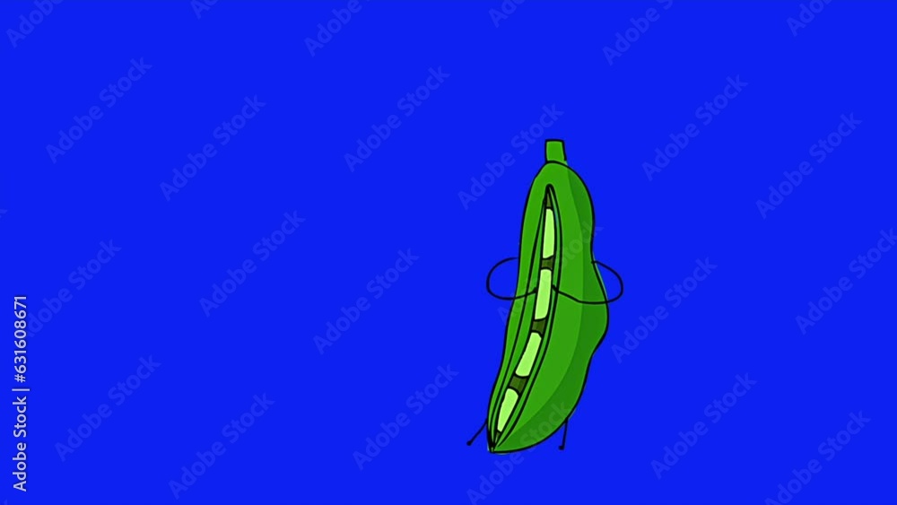 Animation loop video food cartoon long beans on blue screen background ...