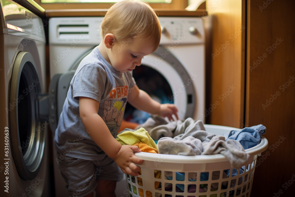 Portrait of happy kid doing laundry in laundry room. Generative AI ...