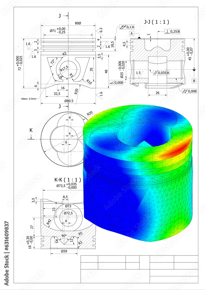 Finite Element Method Fem Analysis And Engineering Technical Drawing Graphics Of A Piston From