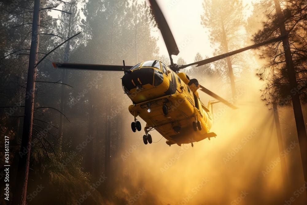 Rescue helicopter extinguishes a forest fire by dropping a large amount ...
