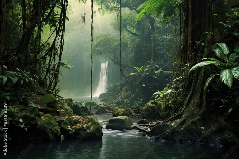 Tranquil Rainforest Retreat: A Serene Waterfall Oasis with Lush Greenery and Misty Cascades ...