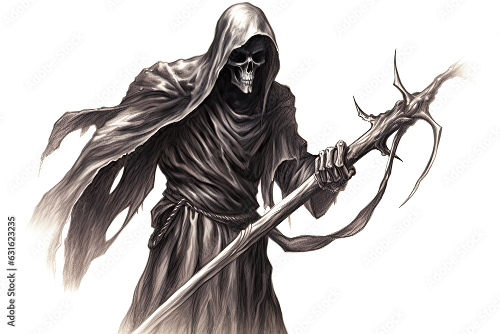 Enigmatic Presence: Mysterious Grim Reaper Drawing with Scythe Gleaming ...