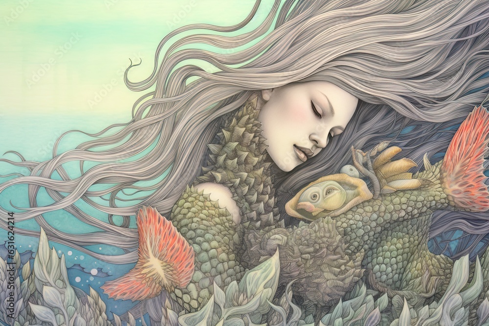 Graceful Mermaid with Flowing Aqua Hair, Seashell Bra, Swimming Among ...