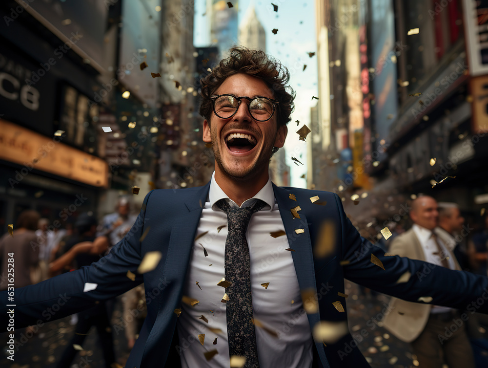A jubilant businessperson in a suit showers downtown streets with ...
