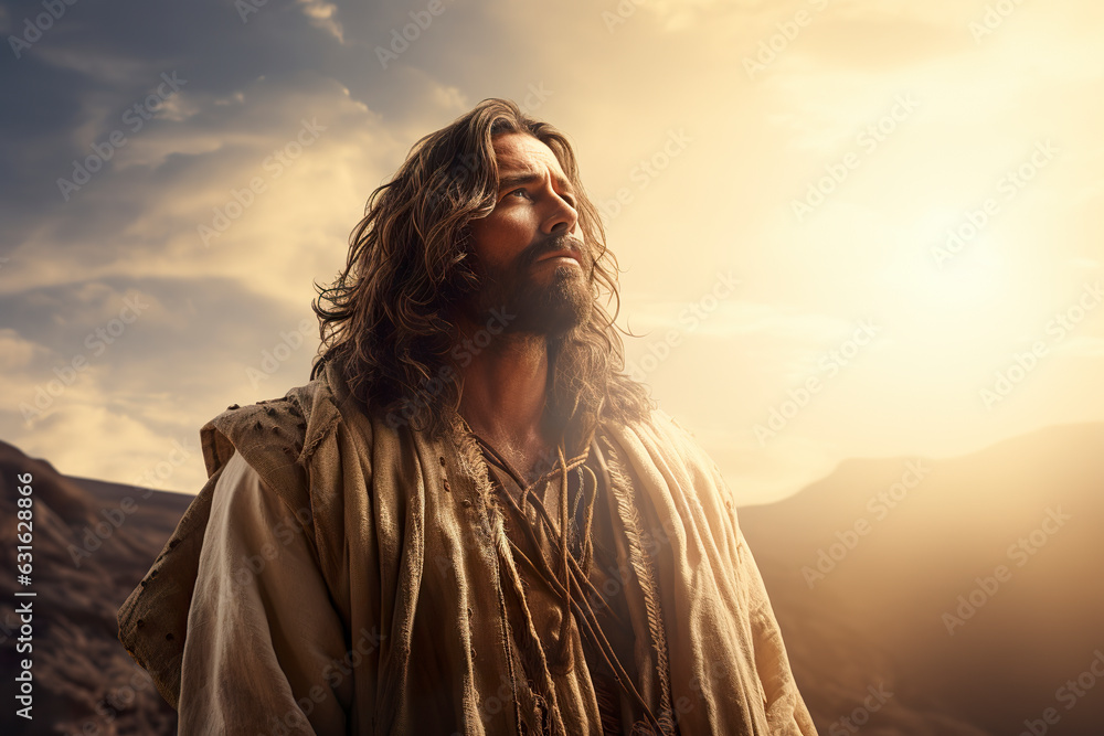 A depiction of Jesus Christ raising his hand in appeal to the divine ...