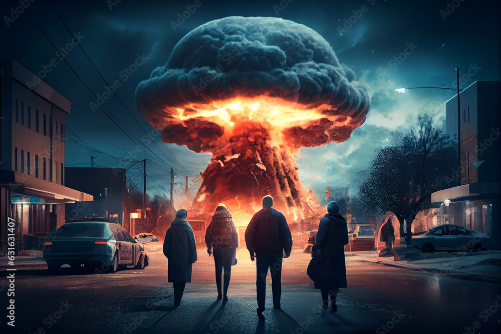 The concept of nuclear war. Explosion of a nuclear bomb. Silhouettes of ...