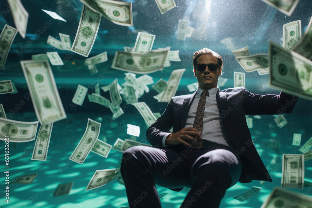 Businessman wearing suit drowning underwater with dollar banknotes ...