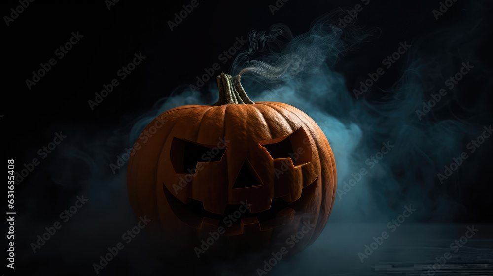 Creepy halloween steaming pumpkins with a carved smirk and witch hat on ...