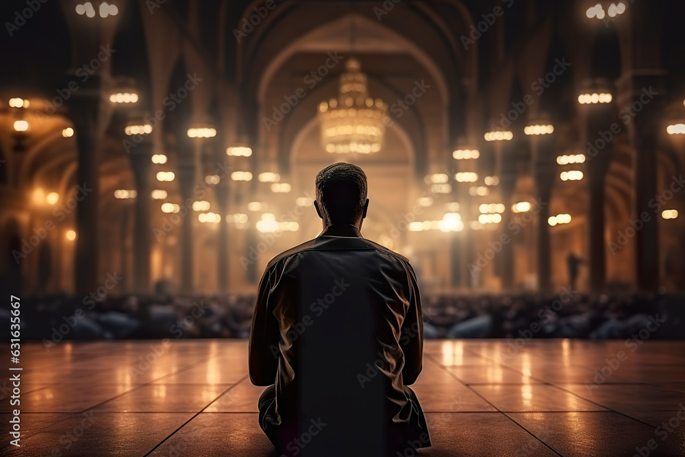 A serene perspective captures the back view of a devout Muslim man ...