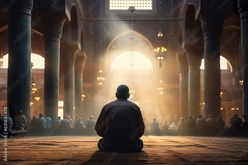 A serene perspective captures the back view of a devout Muslim man ...