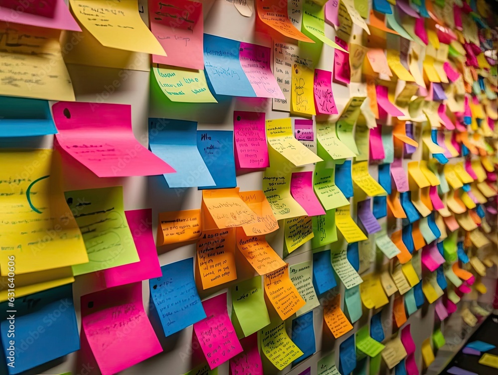 A whiteboard in an office setting is filled with numerous vibrant ...