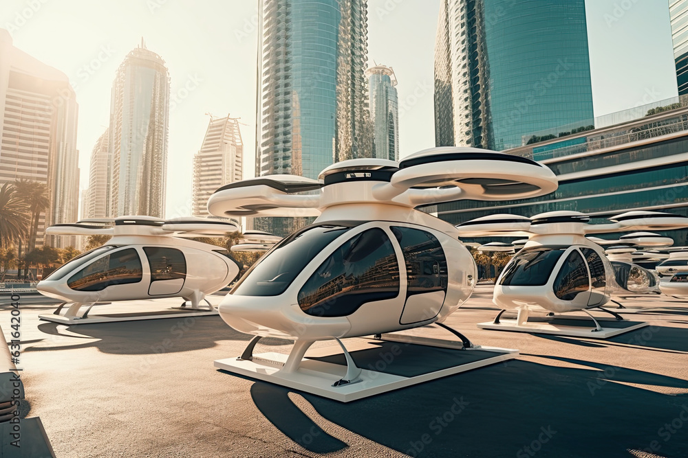 Eco friendly modern and futuristic air taxis flying in modern city ...