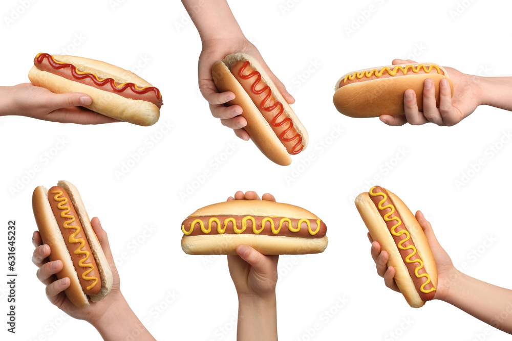 Collage with photos of people holding tasty hot dogs on white ...