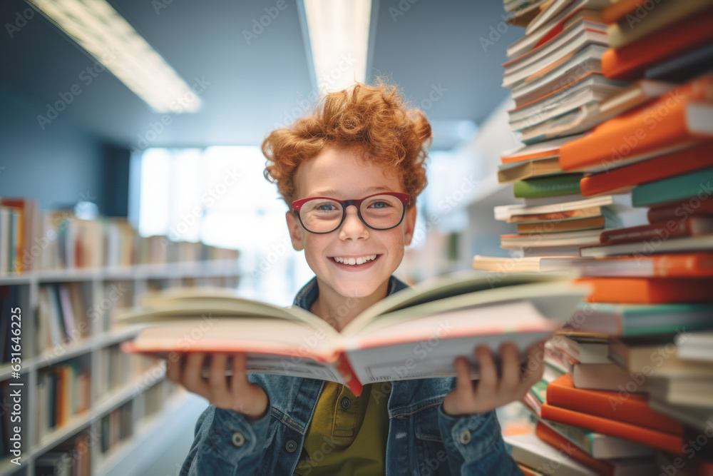 An enthusiastic child about reading, choosing books to read in a ...
