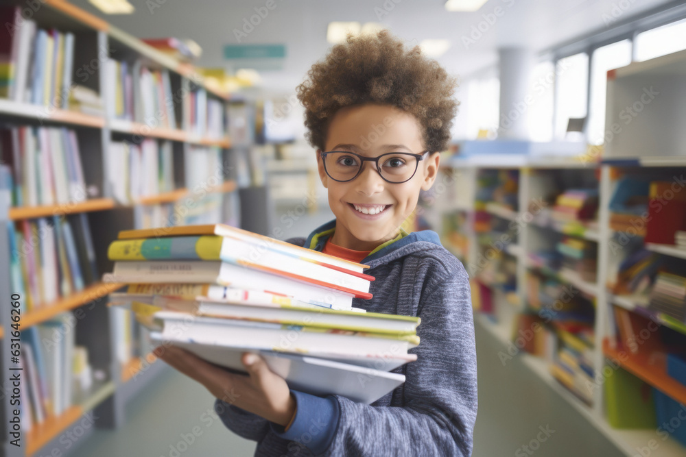 A excited child holding a stack of books in his arms in a bookstore ...