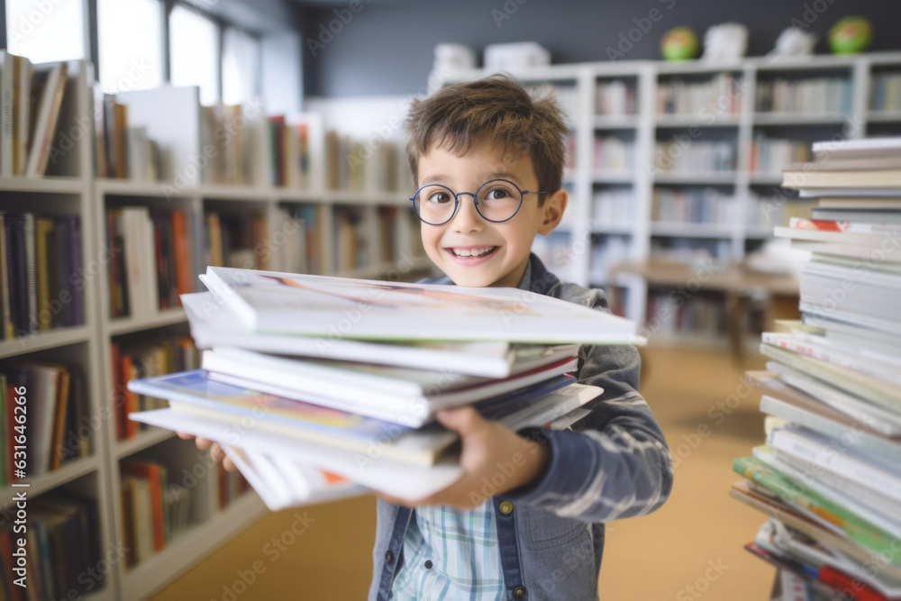 An excited child holds a stack of books with joy, exploring the library ...