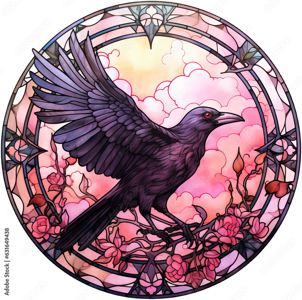 Round stained-glass illustration of a raven in a stained glass/mosaic ...
