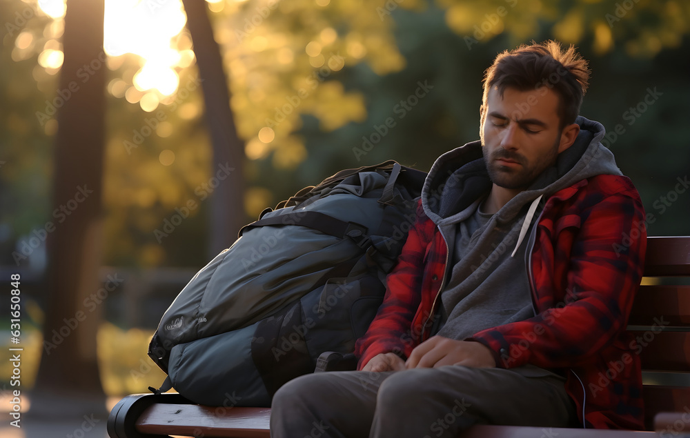 Homeless beggar man with a bag lying on bench outdoors in city ...