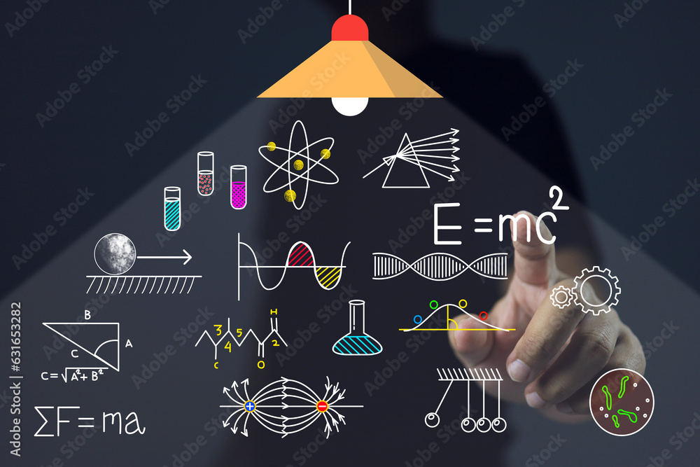 Scientist or university student is pointing on science icon under ...