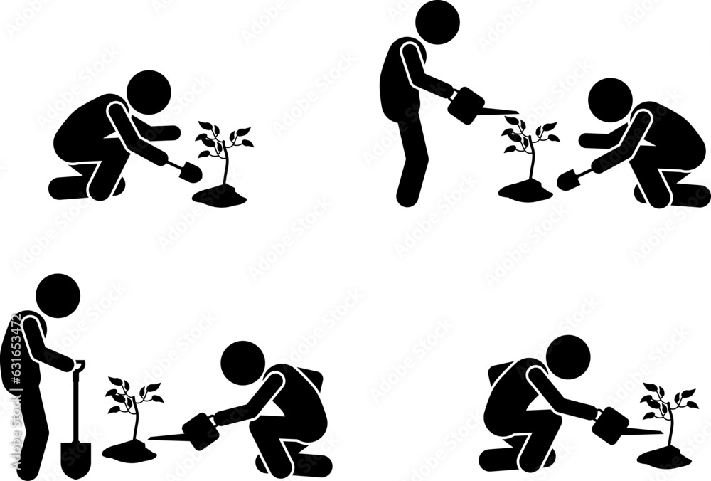 illustration and icon stick figure,stickman,pictogram. planting a tree ...