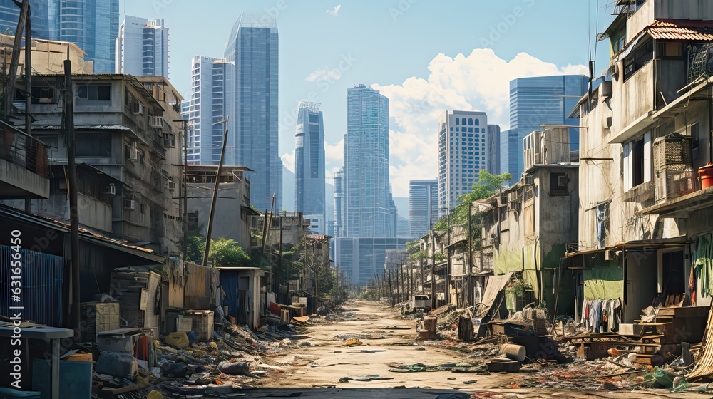 A stark contrast of impoverished neighborhoods overshadowed by towering ...
