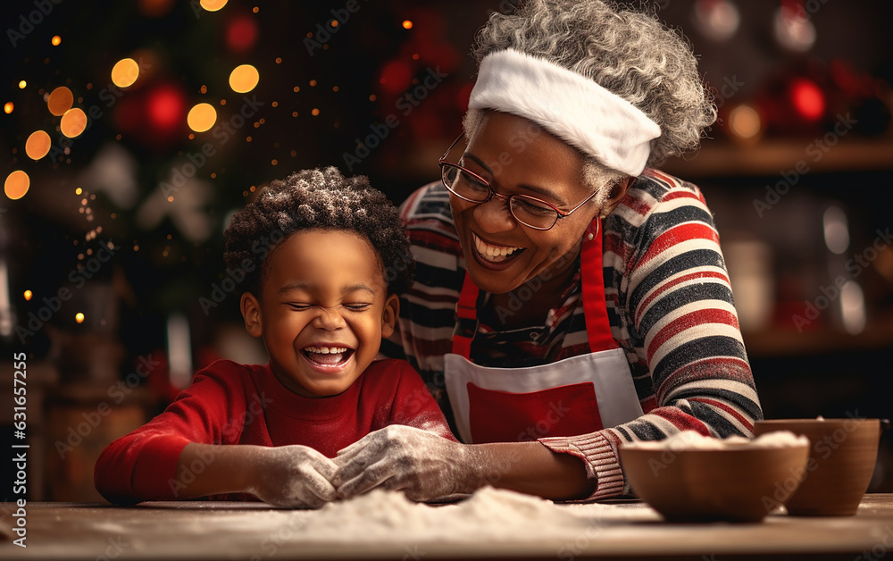 Black african american dark-skinned grandmother and grandson baking ...