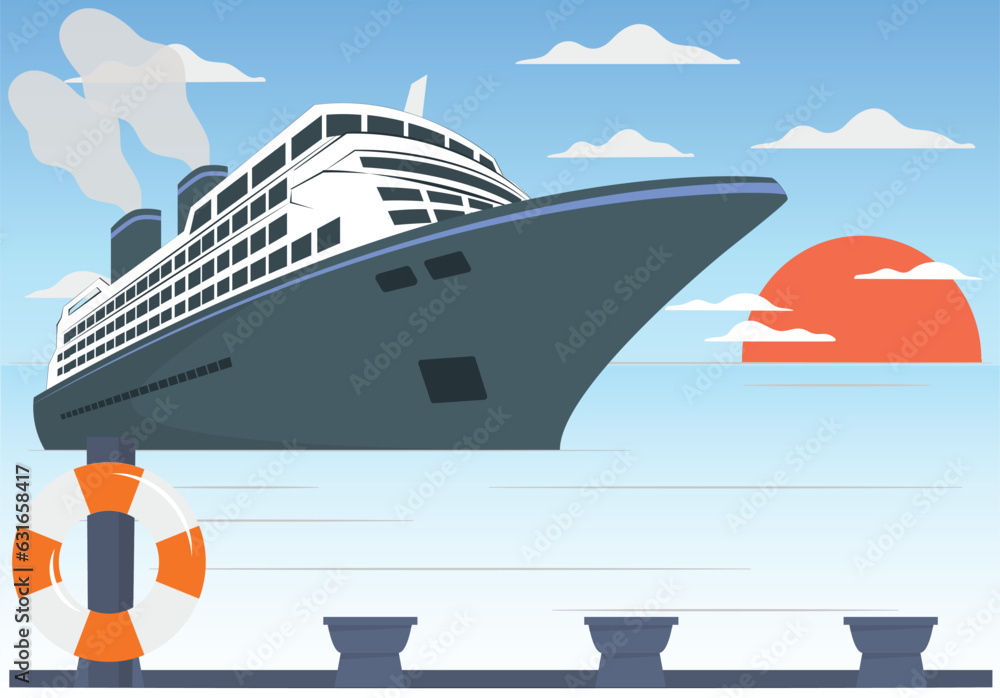 Vector realistic illustration of big white cruise ship at ocean or sea ...